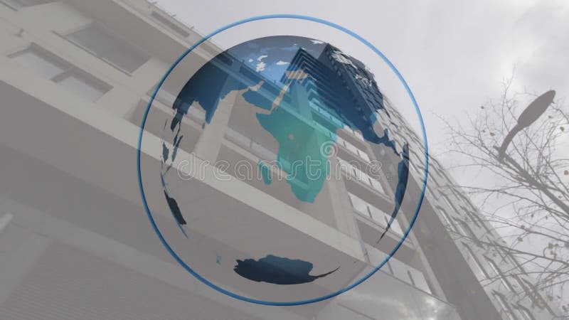 Rotating Globe Animation Over Modern Building with Cloudy Sky Backdrop ...