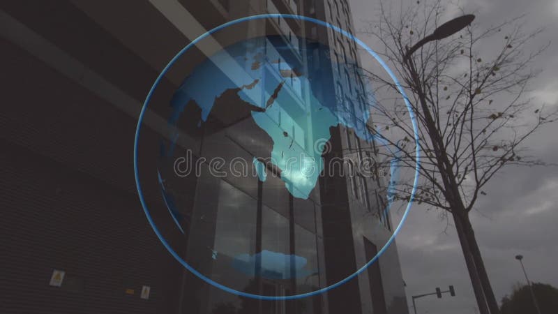 Rotating Globe Animation Over Modern Building with Cloudy Sky in ...