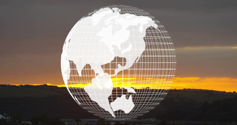 Rotating Globe Animation Over Sunset Landscape with Hills and Trees ...