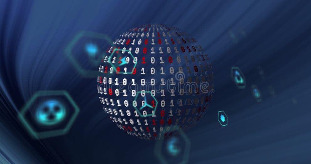 Rotating Globe of Binary Code with Hexagonal Icons, Digital Data Processing Image Stock ...