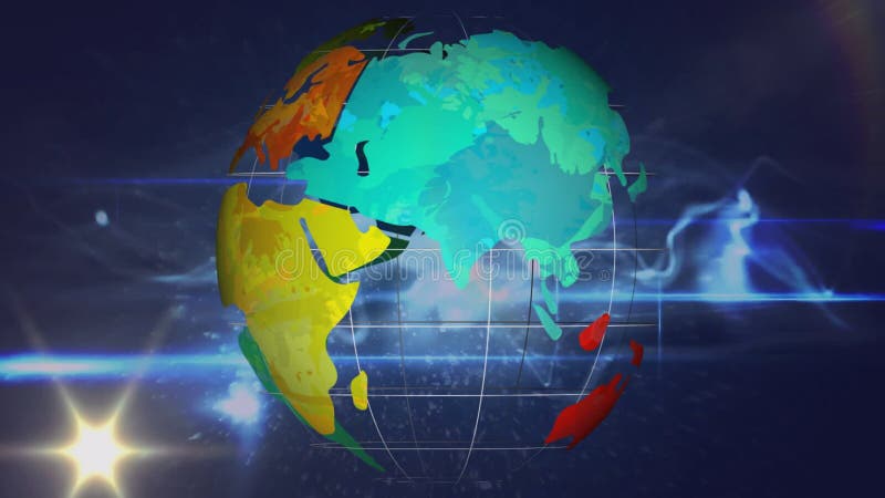 Rotating Globe with Continents, Animation Over Digital Network with ...