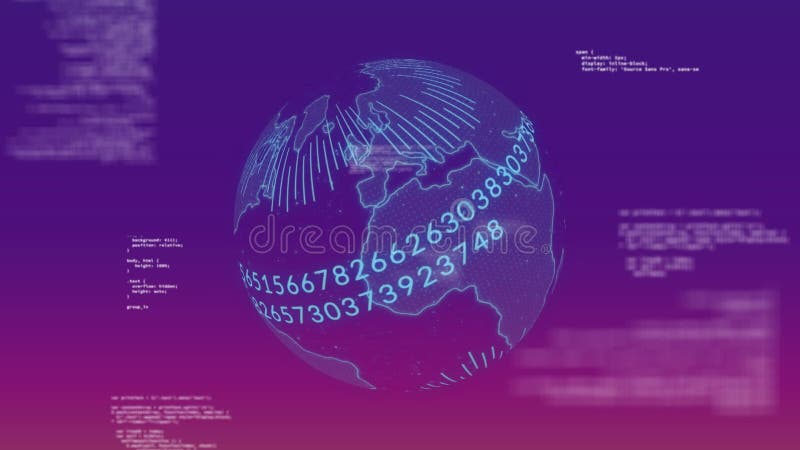 Rotating Globe with Numbers and Coding Animation Over Purple Gradient Background Stock Footage ...
