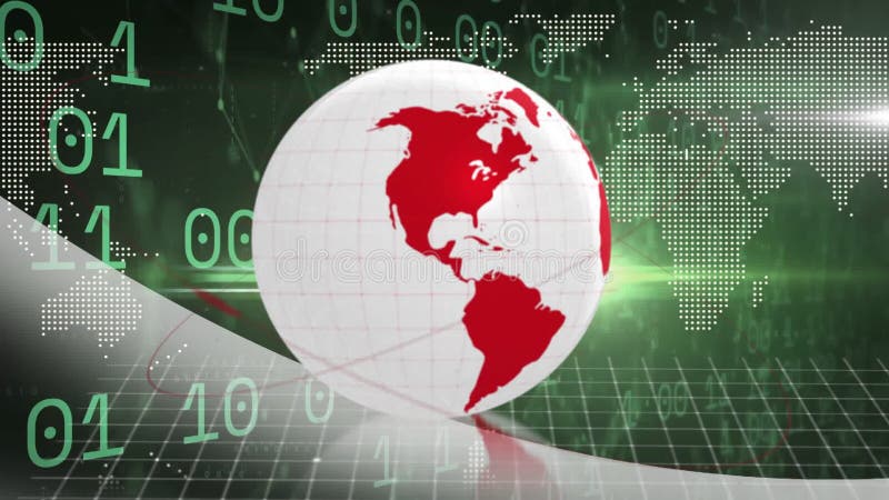 Rotating Globe With Red Continents Animation Over Digital World Map And Binary Code Stock Video