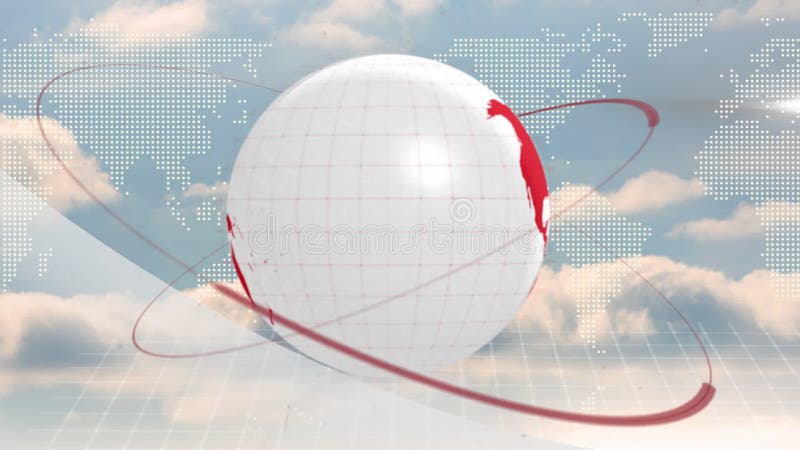 Rotating Globe with Red Lines in Animation Against Cloudy Sky ...