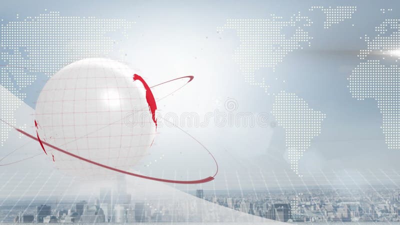 Rotating Globe with Red Orbit Animation Over World Map and Cityscape ...