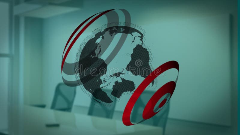Rotating Globe with Red Rings Animation Over Empty Office Conference ...
