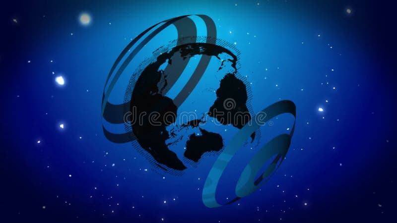 Rotating Globe with Rings Animation Over Starry Night Sky Background ...
