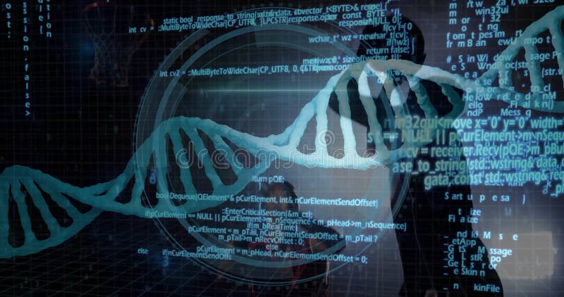 Rotating Glowing Blue DNA Helix Floating in Virtual UI, with C++ Code ...