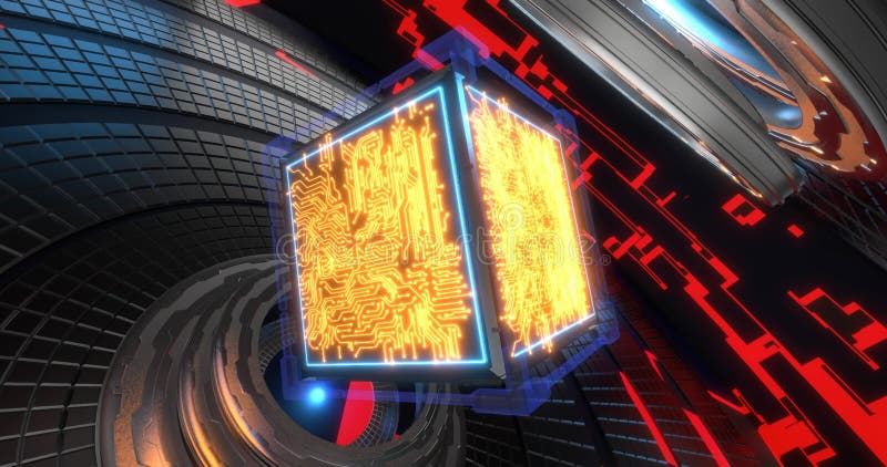 Rotating Neon Cyber Cube with Circuit Board Pattern, Looped Background ...