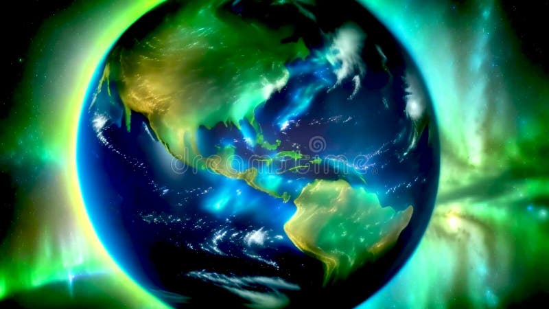 The Rotating Planet Earth in Neon Color in Space, the Galaxy is Visible ...