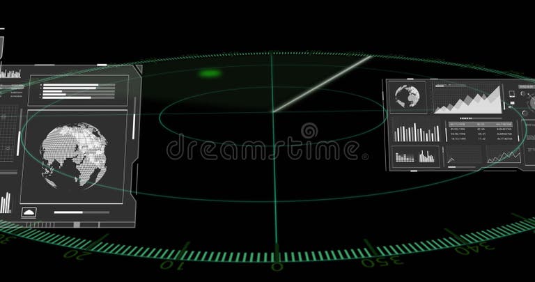 Rotating Radar Grid Sweeping Command HUD Displaying Globe with Data ...