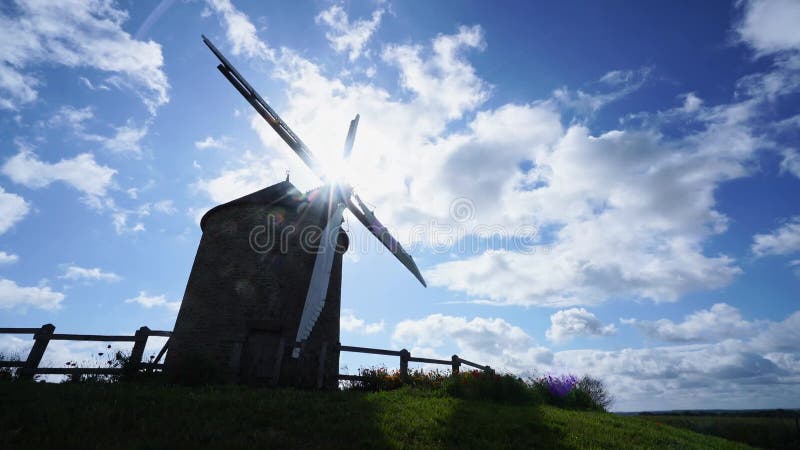 Rotating Windmill, Blue Sky and White Clouds Background, Wind Power ...