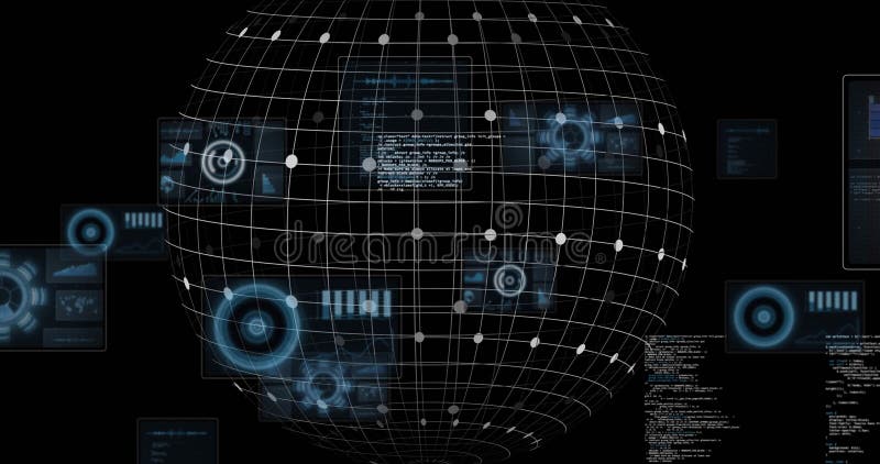 Rotating Wireframe Sphere in Cyberspace Interface, with Holographic Panels Code Snippets and ...
