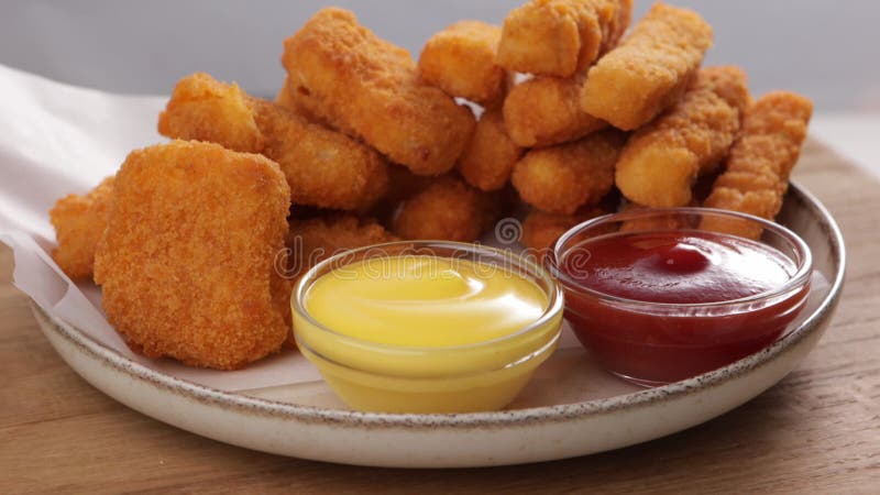 Rotation Full Plate with Chicken Nuggets Strips Two Tomato Cheese Dips ...