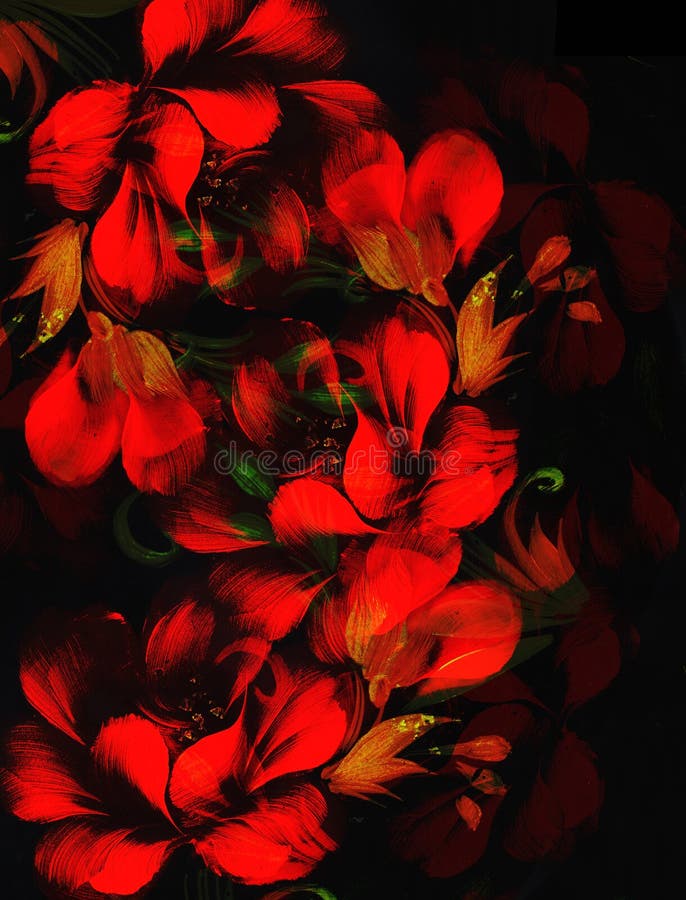 Rote Blume Auf Schwarzem Hintergrund. Malerei Und Computer-Collage ...