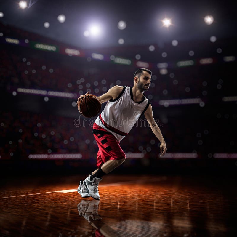 Basketball-Spieler in Der Aktion Fliegt Hoch Stockbild - Bild von korb ...