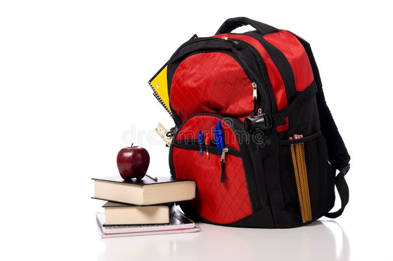Roter Schule-Rucksack Mit Büchern Stockfoto - Bild von bleistifte ...
