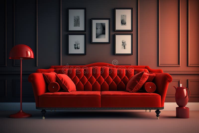 Rotes Sofa Im Wohnzimmer Vor Wand Stock Illustration - Illustration of ...
