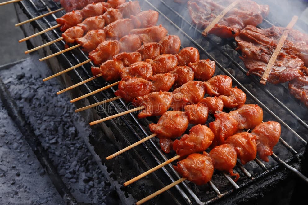 Rotisserie Chicken on Fireplace and Smoked. Stock Photo - Image of ...
