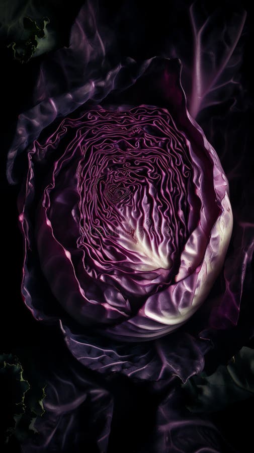 Rotkohl Red Cabbage Cut in Half, on a Black Background, Pattern for ...