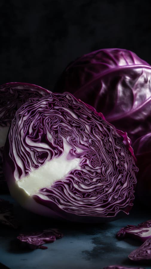 Rotkohl Red Cabbage Cut in Half, on a Black Background, Pattern for ...