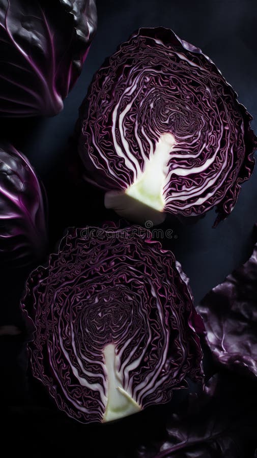 Rotkohl Red Cabbage Cut in Half, on a Black Background, Pattern for ...