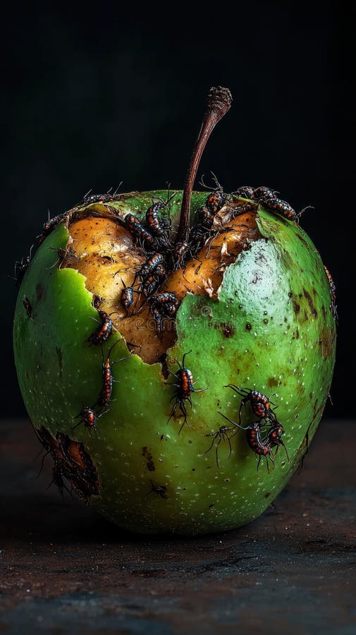 Rotten Green Apple Infested with Insects and Damage Showing Decay and ...