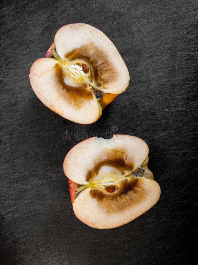 Rotten Inside of an Apple, Cut in Half and Resting on Top of Dark ...
