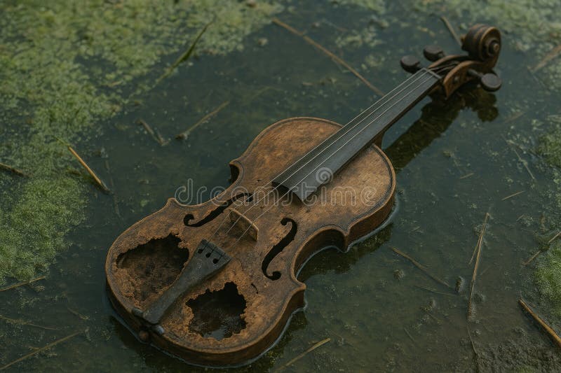 A Rotten Violin Sinks in Muddy Water. Stock Image - Image of instrument ...