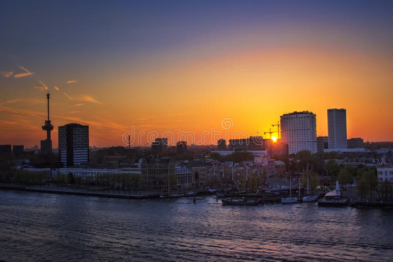 Rotterdam at dusk stock image. Image of dusk, gold, pier - 58935739