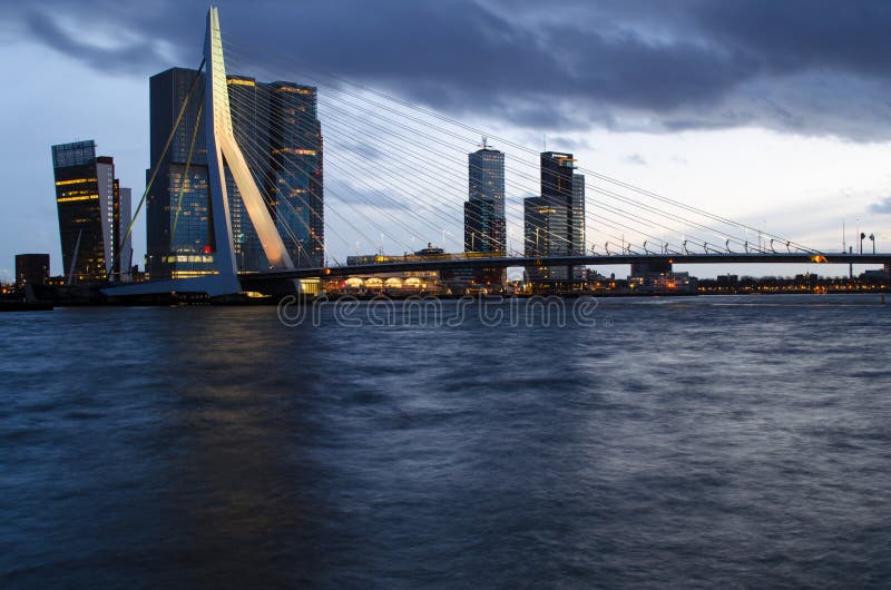 Rotterdam - Erasmus Bridge by Night Editorial Photography - Image of ...