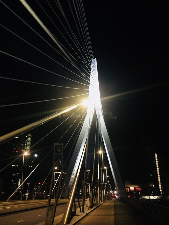 Rotterdam Erasmusbrug Night Time Stock Image - Image of buildings, cars ...