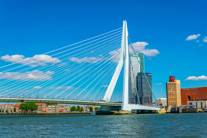 ROTTERDAM, NETHERLANDS, AUGUST 5, 2018: Skyscrapers and Erasmus Bridge ...