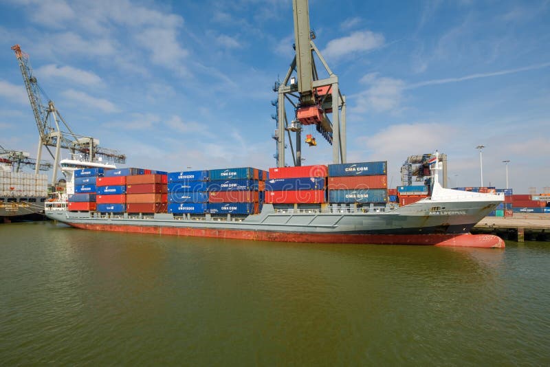 New Container Terminal with a Large Container Ship and in the ...