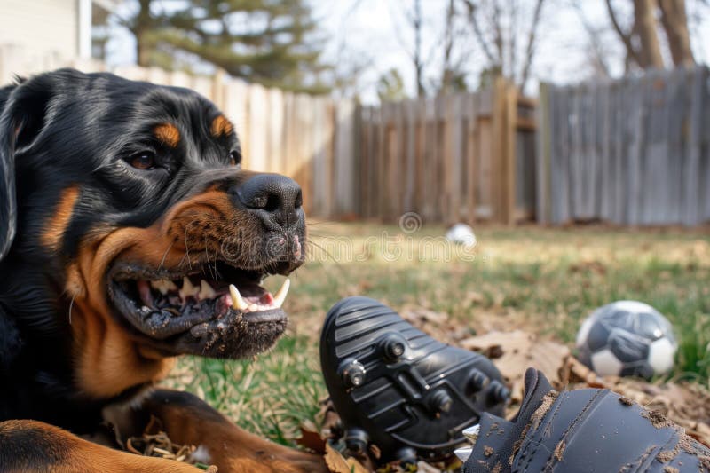 Rottweiler Biting a Soccer Cleat in a Backyard Stock Image - Image of ...