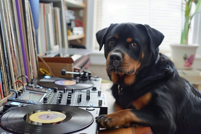 Rottweiler with Music Record Collection, Dj Station Stock Photo - Image ...