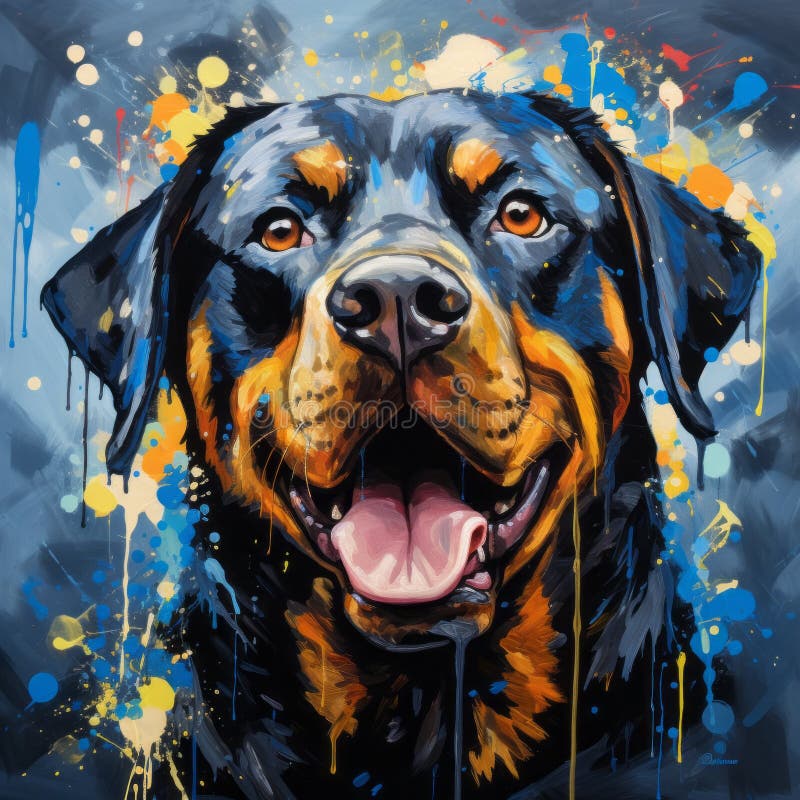 Vibrant Realism: Open Tailed Rottweiler Painting in Dark Blue and Black ...