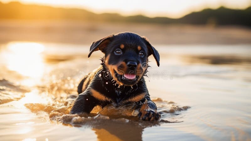 Cute Rottweiler Puppy Playing and Resting in the Beach Stock Photo ...