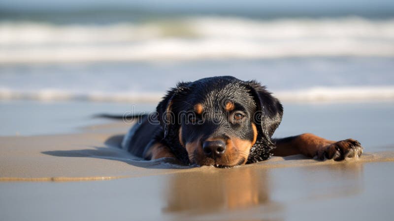 Cute Rottweiler Puppy Playing and Resting in the Beach Stock Photo ...