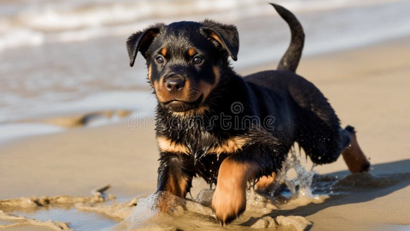 Cute Rottweiler Puppy Playing and Resting in the Beach Stock Photo ...
