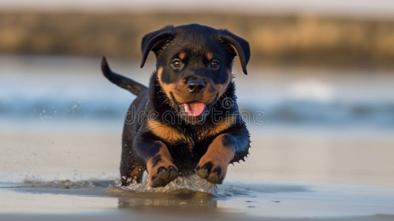 Cute Rottweiler Puppy Playing and Resting in the Beach Stock Photo ...