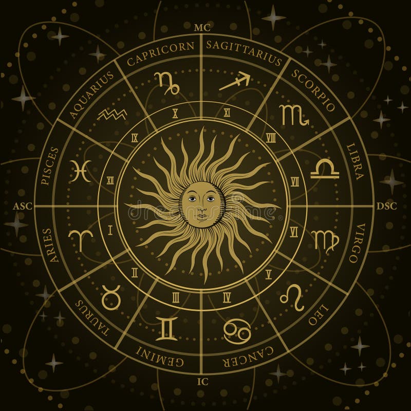 Roue Astrologique Avec Signes Zodiaques Et Soleil Au Centre Sur Fond ... Roue Astrologique Avec Signes Zodiaques Et Soleil Au Centre Sur Fond ...