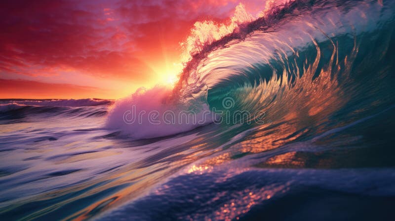 Rough Colored Ocean Wave Falling Down at Sunset Time Stock Illustration ...