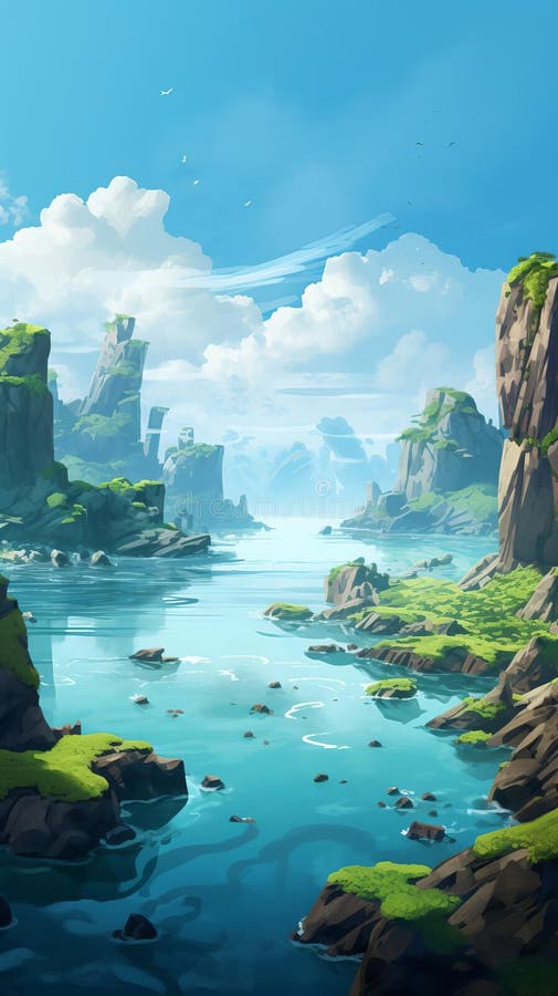 Rough-edged 2d Animation Archipelago in Daytime Setting Stock ...