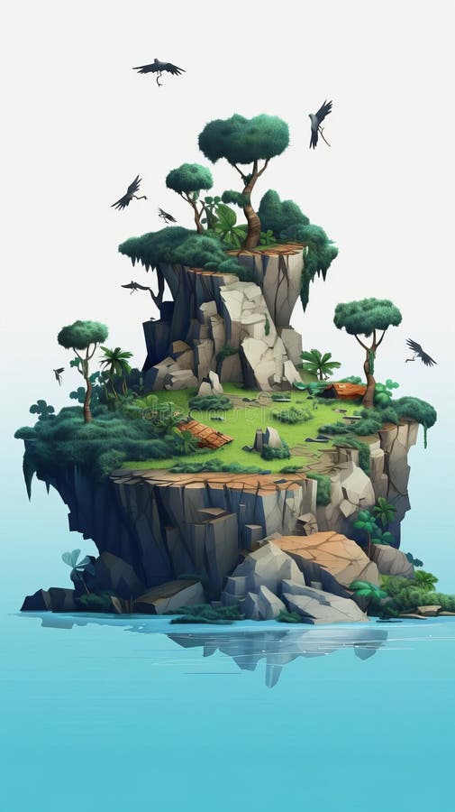 Rough-edged 2d Animation Islet Scene in Daytime Setting Stock ...