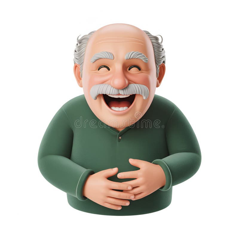 Laughing Man with Mustache and Hands on Stomach in Green Shirt on White ...