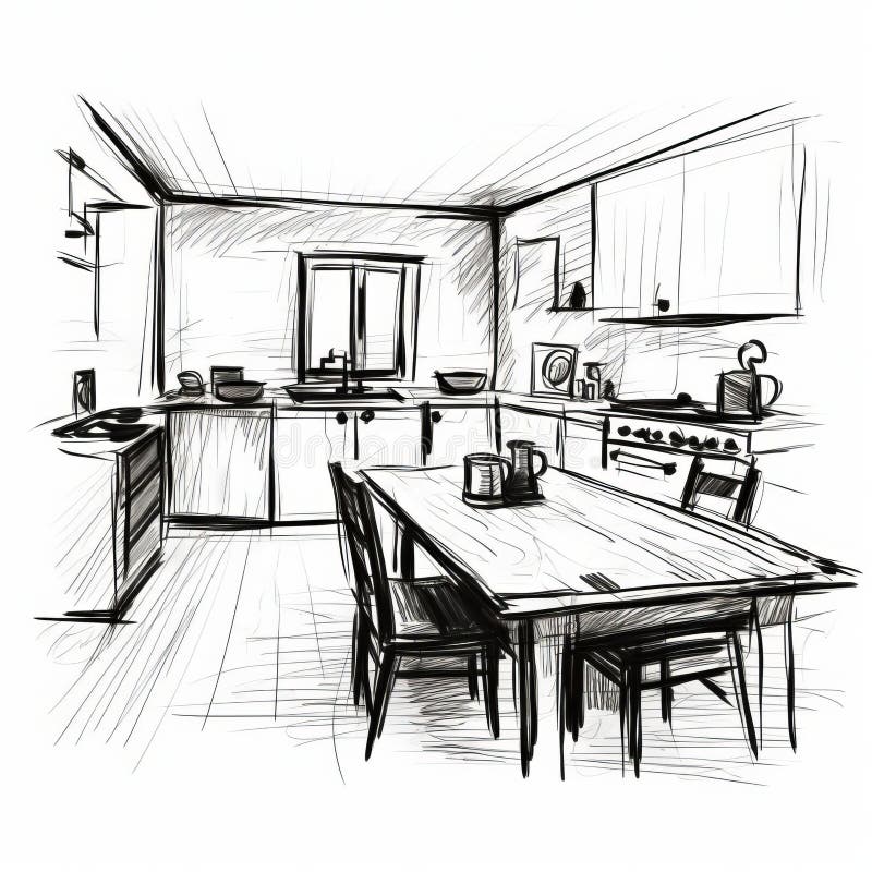 Rough Hand Drawn Sketch of a Simple Kitchen Design Stock Illustration ...