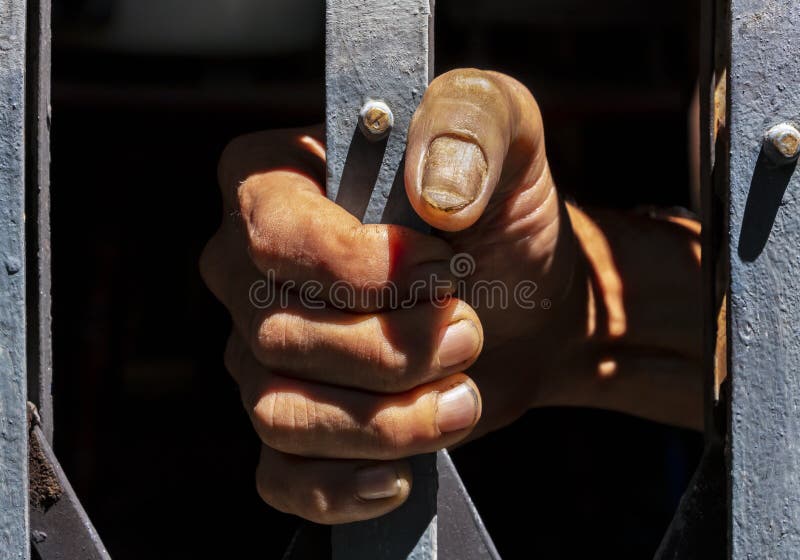 Rough Hands Holding the Iron Cage. Stock Image - Image of legal, black ...