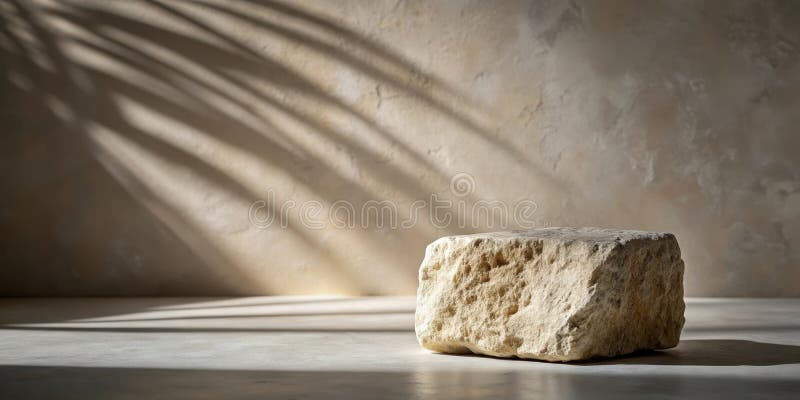 Rough-hewn Stone Block on Light Grey Surface, Bathed in Soft Sunlight ...