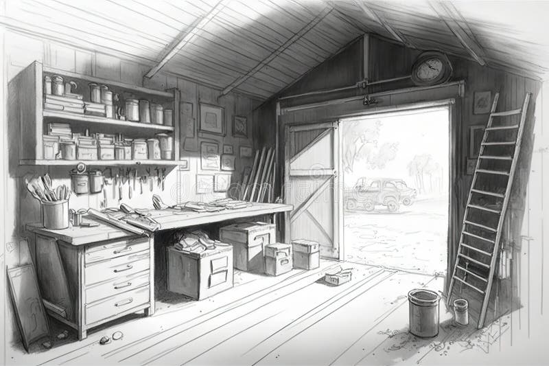 Rough Pencil Sketch of Garage, with Tools and Supplies on the Workbench ...